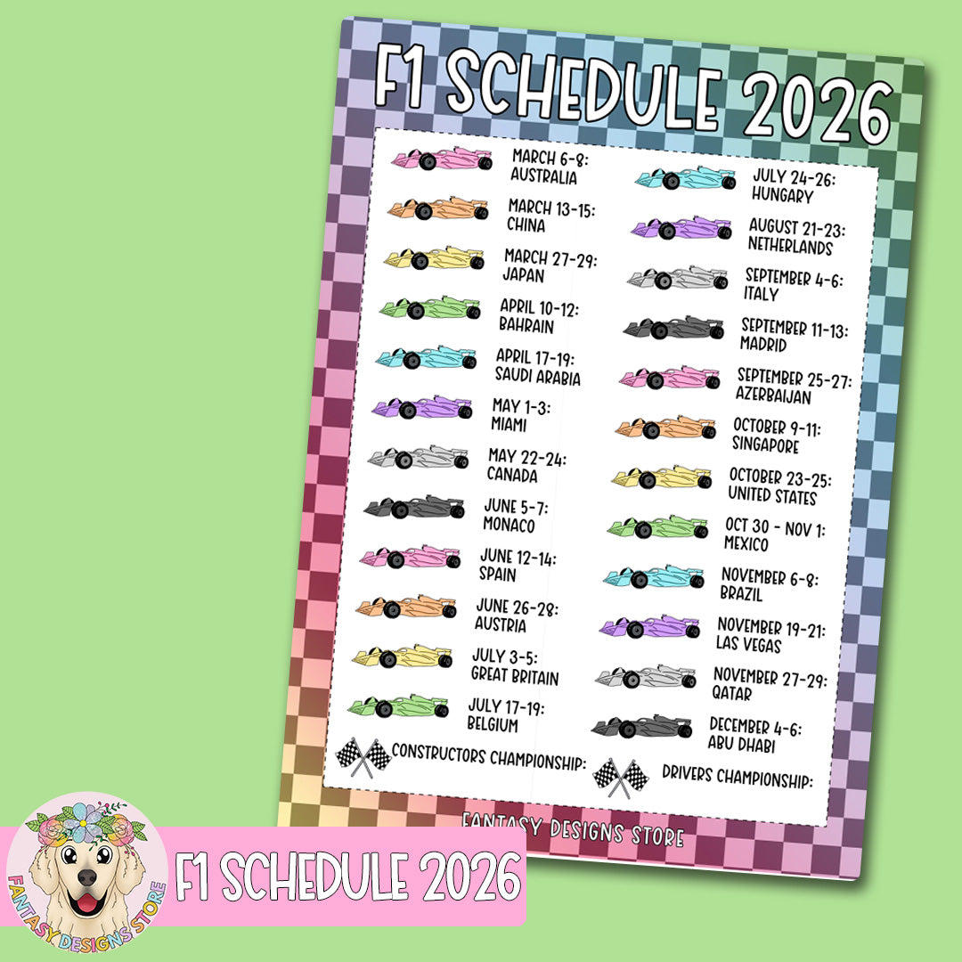 F1 2026 schedule - 5x7" or 7x9" Sticker – Fantasy Designs Planner Supplies